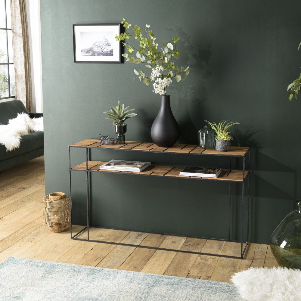 SIXTINE - Console rectangulaire 2 plateaux teck clair métal noir ...
