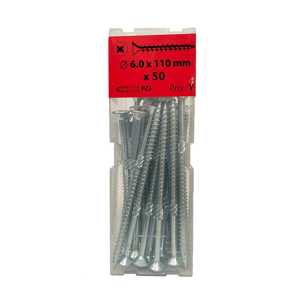 Boite 50 vis agglo 6 x 110mm tête fraisée Pozidriv filetage | Leroy Merlin