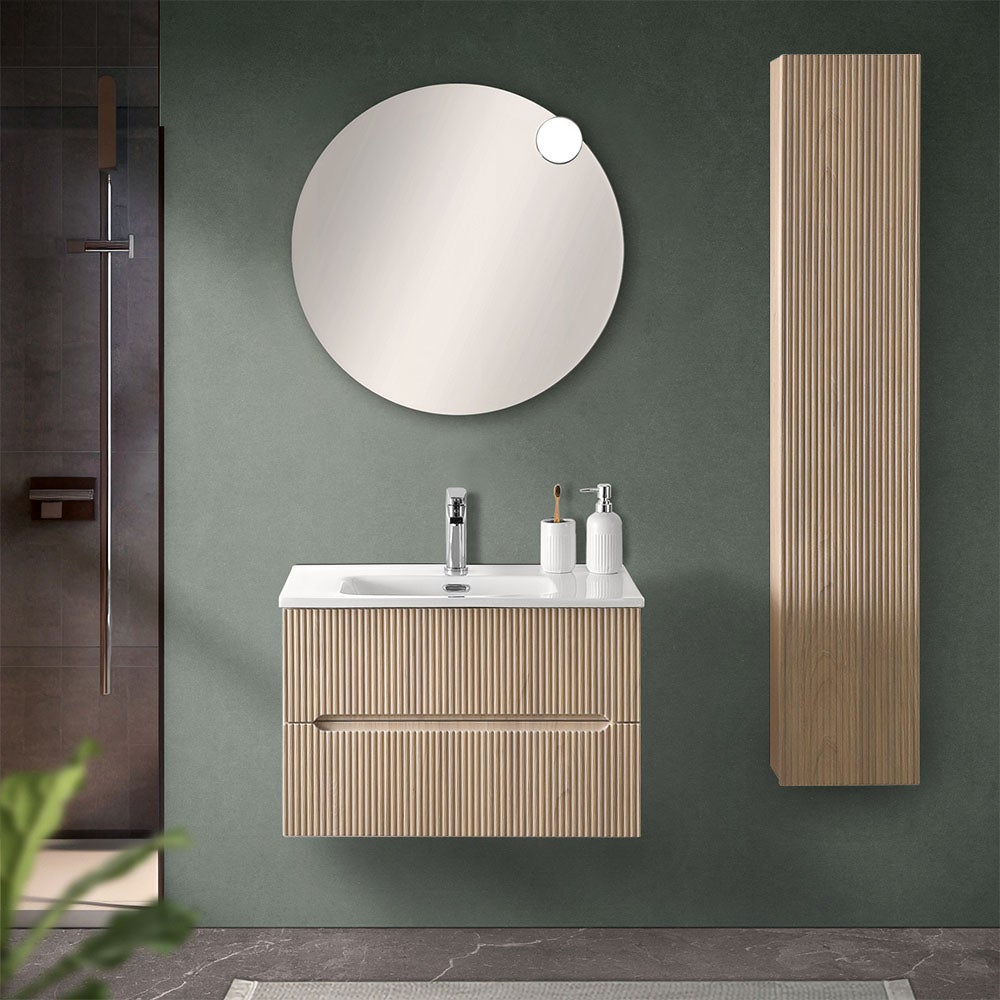 Meuble de salle de bain suspendu 70 cm en teck sablé avec miroir | Bali ...