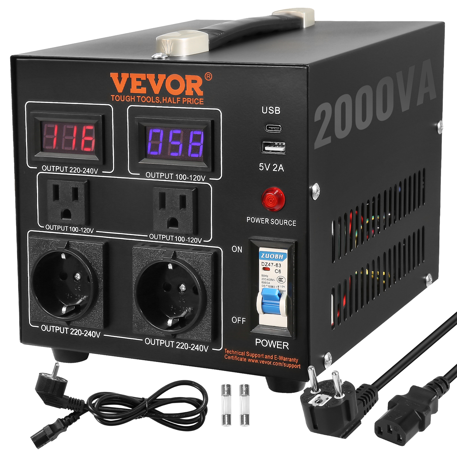 Transformateur 220 V⇄110 V Convertisseur de Tension Élévateur Abaisseur 2000 VA Transformateur ...