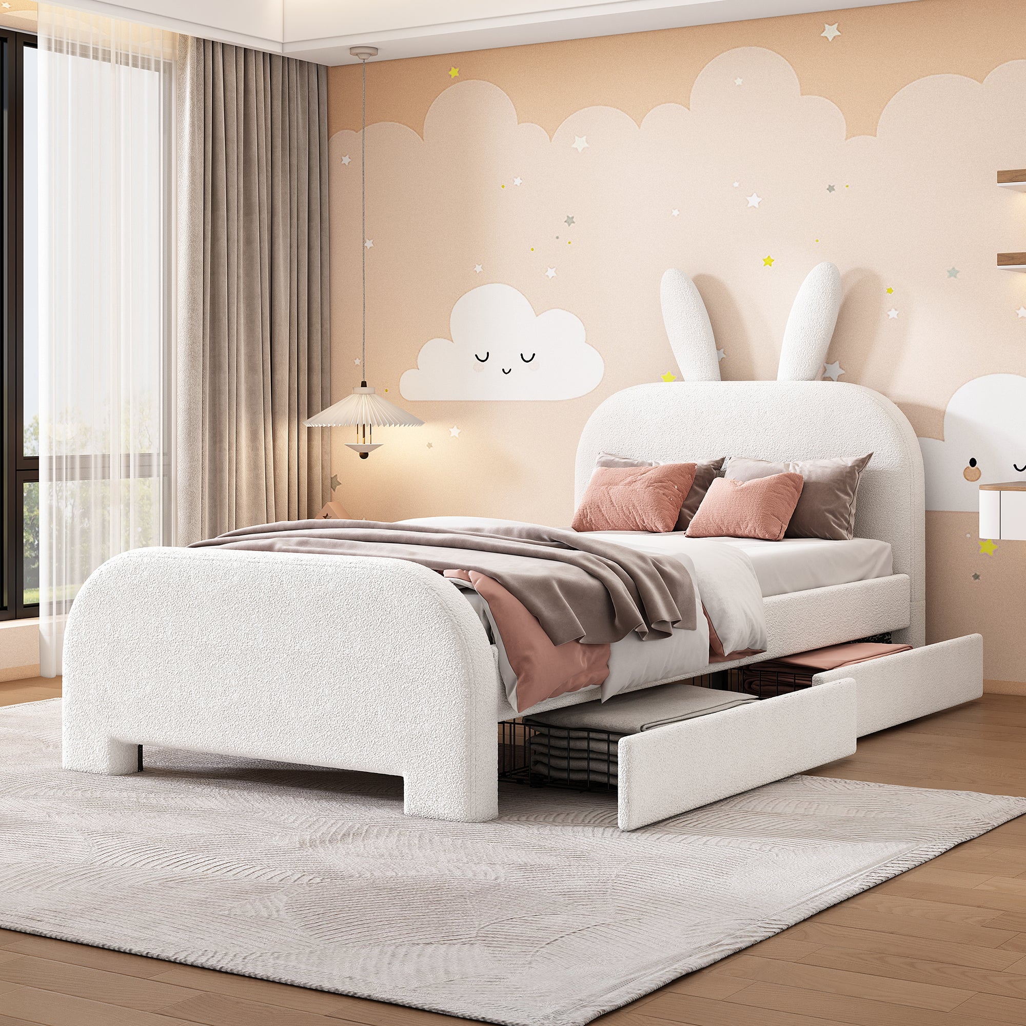 Lit Simple Enfant 90x200 cm - 2 Tiroirs - Forme Lapin de dessin animé ...