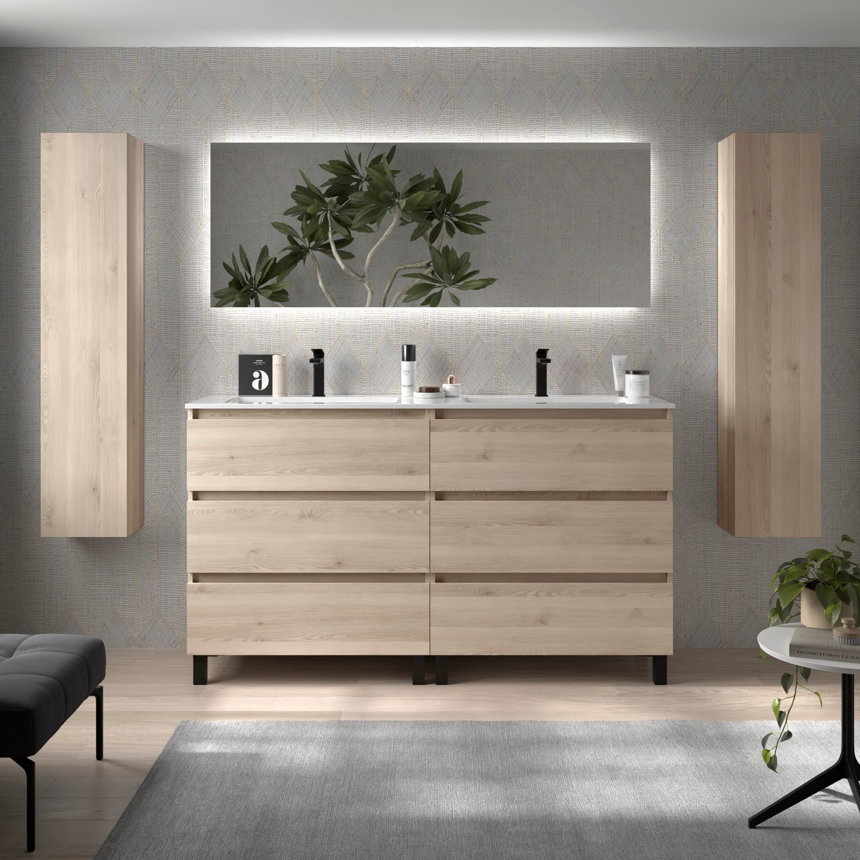 Mueble de Baño BEQUIA 3C 160cm Natural | Lavabo Vilna Solid Surface Centrado | Leroy Merlin