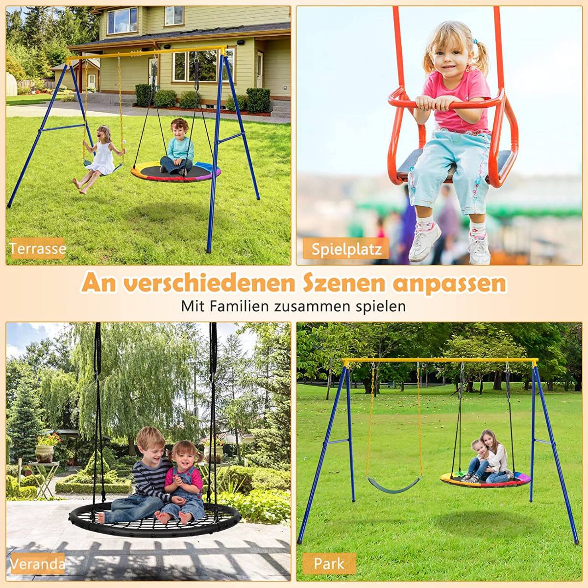 Altalena per bambini doppia con telaio, portata fino a 300 kg (2 ...
