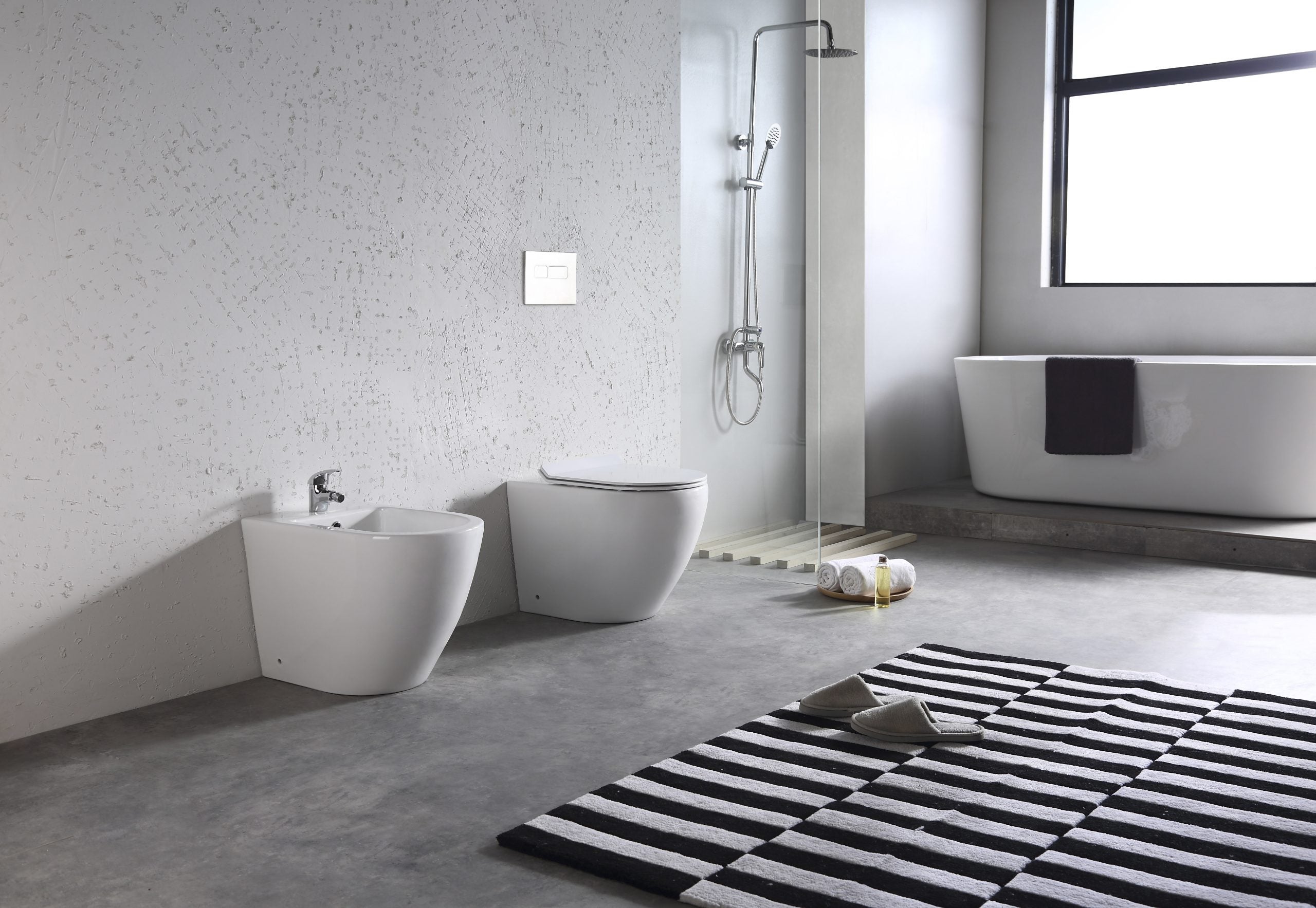 Paire de Sanitaires Bent Rimless – Cuvette + Bidet Mural au Sol Blanc ...