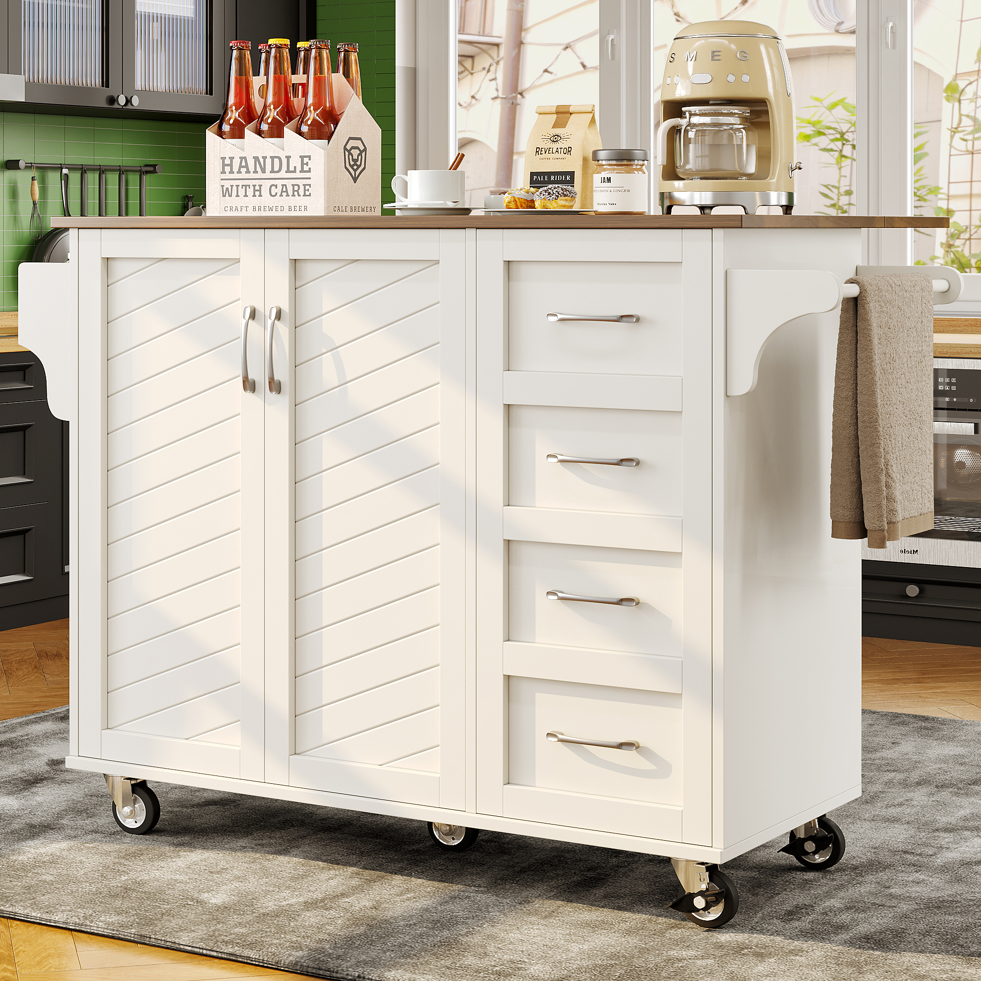 Isla central de cocina - carrito con ruedas y bandeja extensible - 2 ...