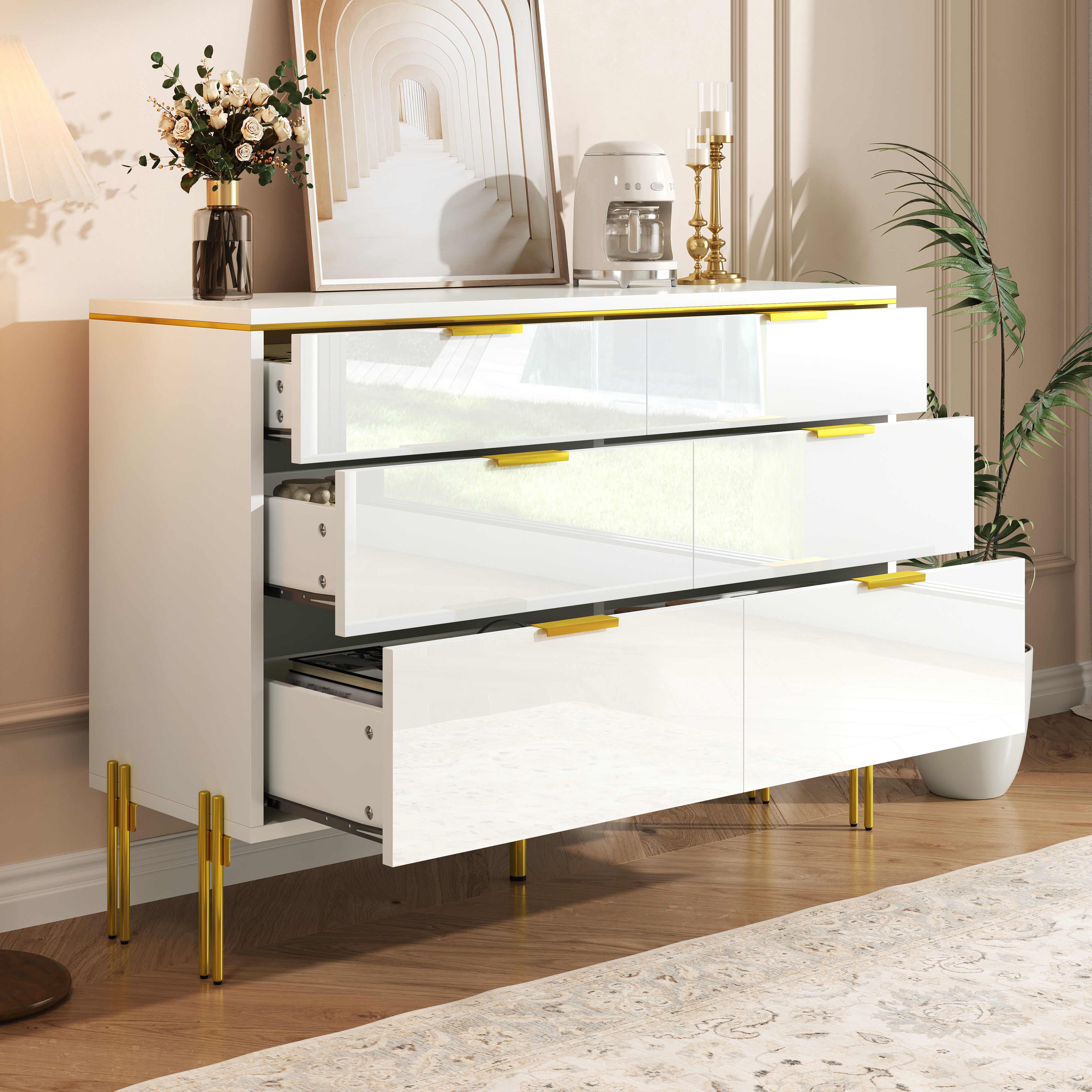 Buffet moderne 120x40x85,5 cm avec 6 tiroirs en blanc et or, design ...