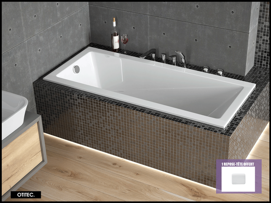 Baignoire rectangulaire à encastrer de 120 x 70 cm - avec Repose Tête ...