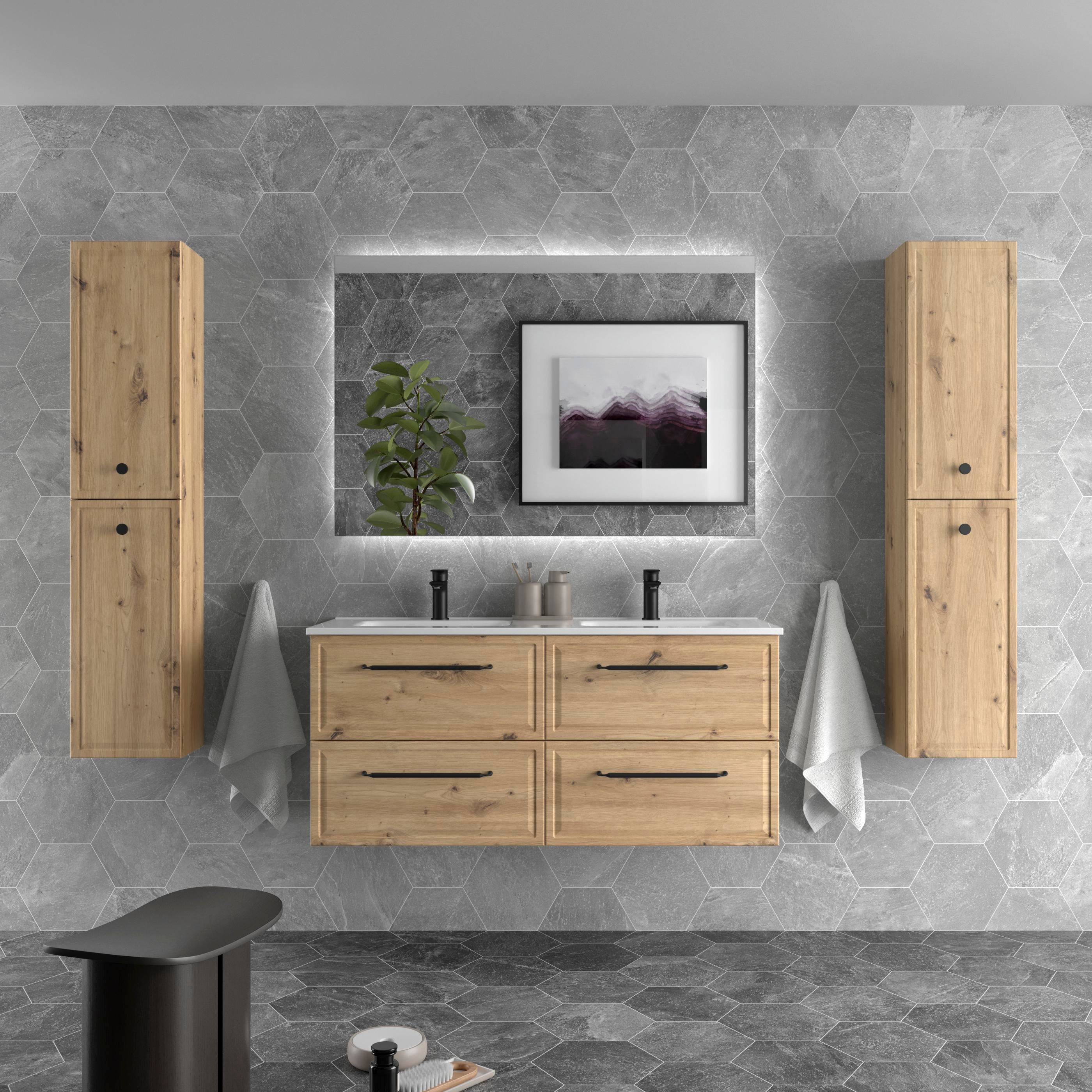 Mueble de Baño RUNA 120cm Roble 4 cajones Lavabo 2 pozas Porcelana ...