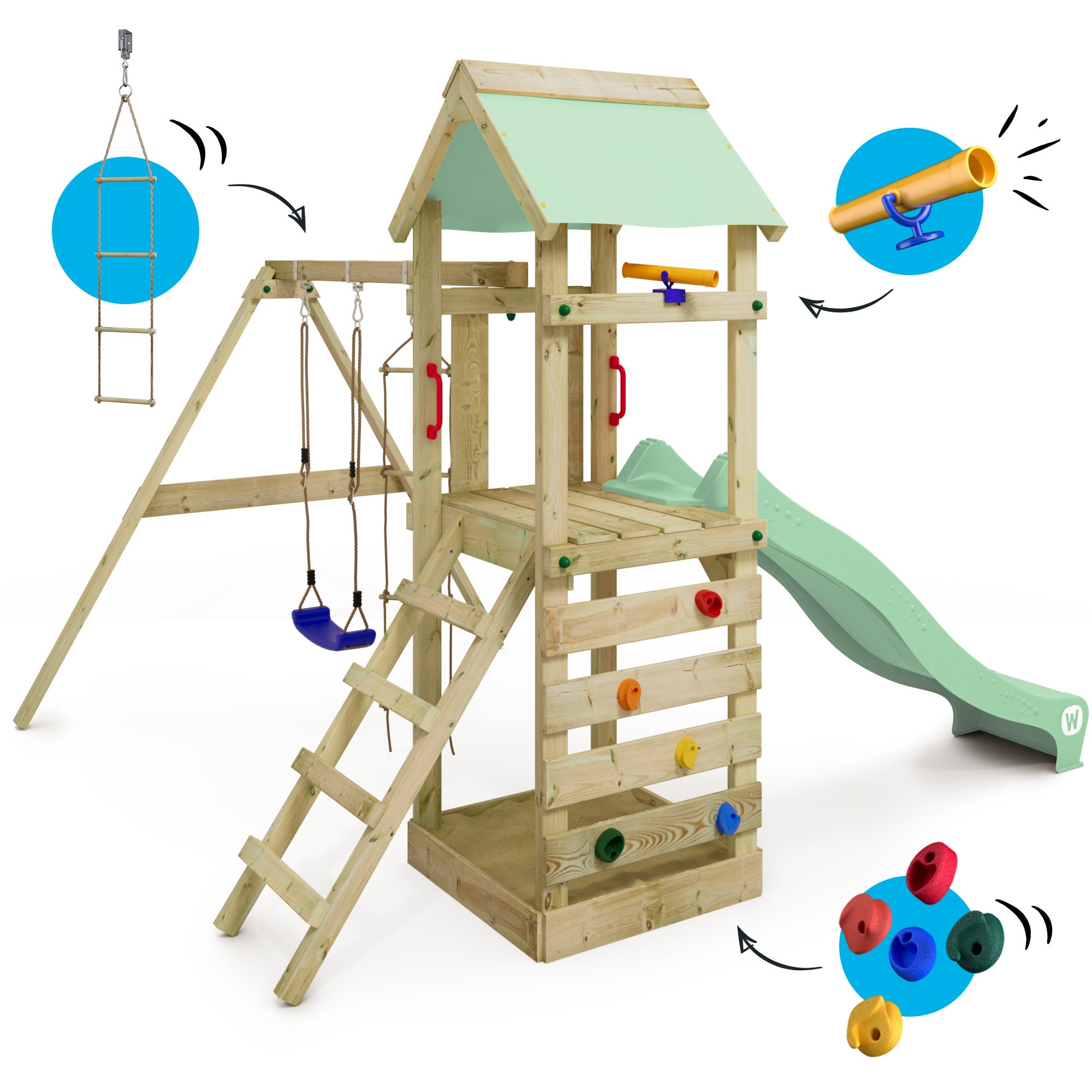 WICKEY Aire de jeux Portique bois FreeFlyer avec balançoire et toboggan ...