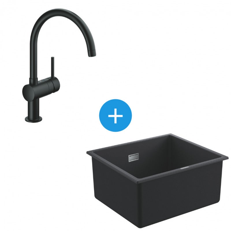 Grohe Kit Fregadero Cuarzo Negro Granito K700 417 x 366mm + Minta Negro ...