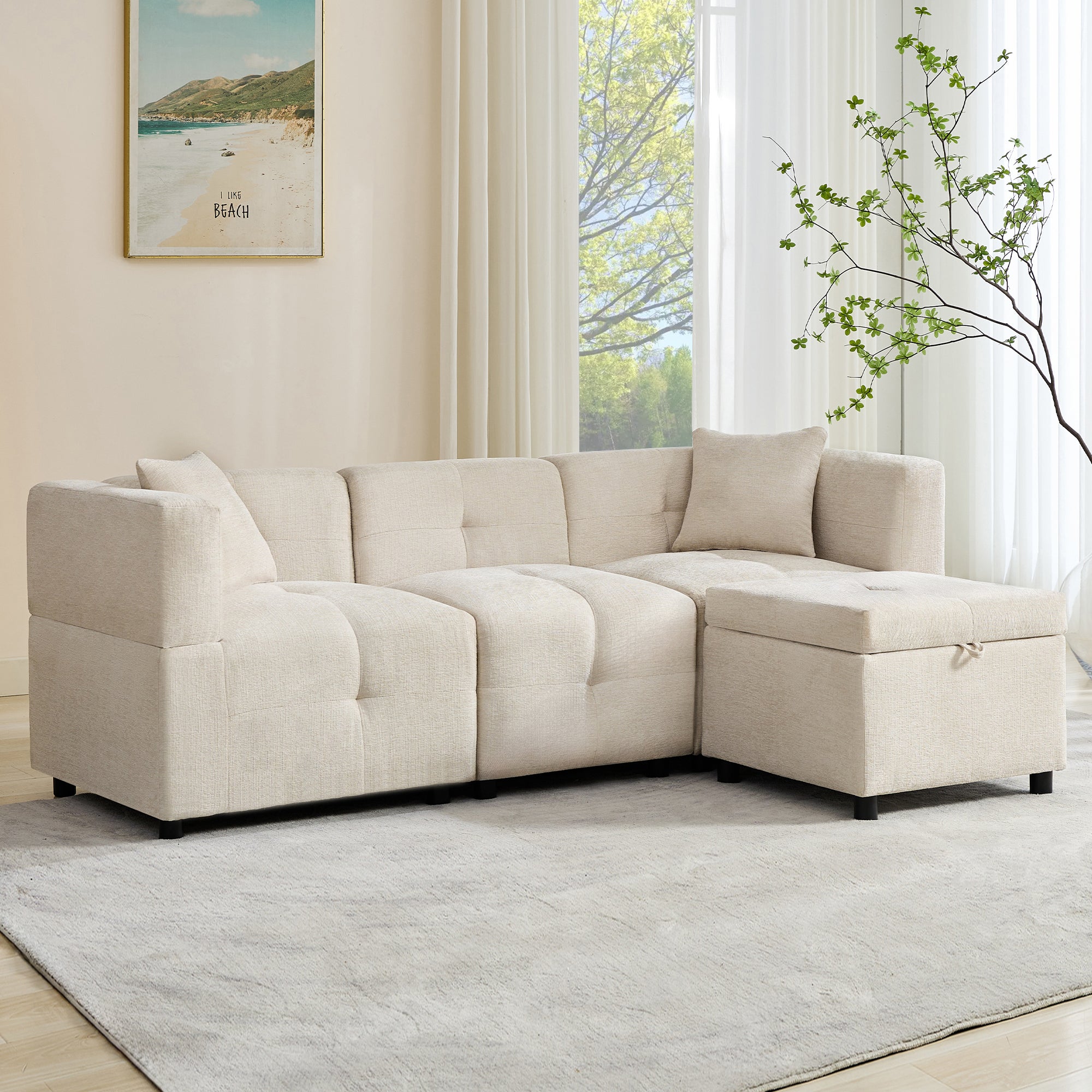 Sofá modular 3 plazas L‑204×126×69 cm con almacenamiento, puf extraíble ...