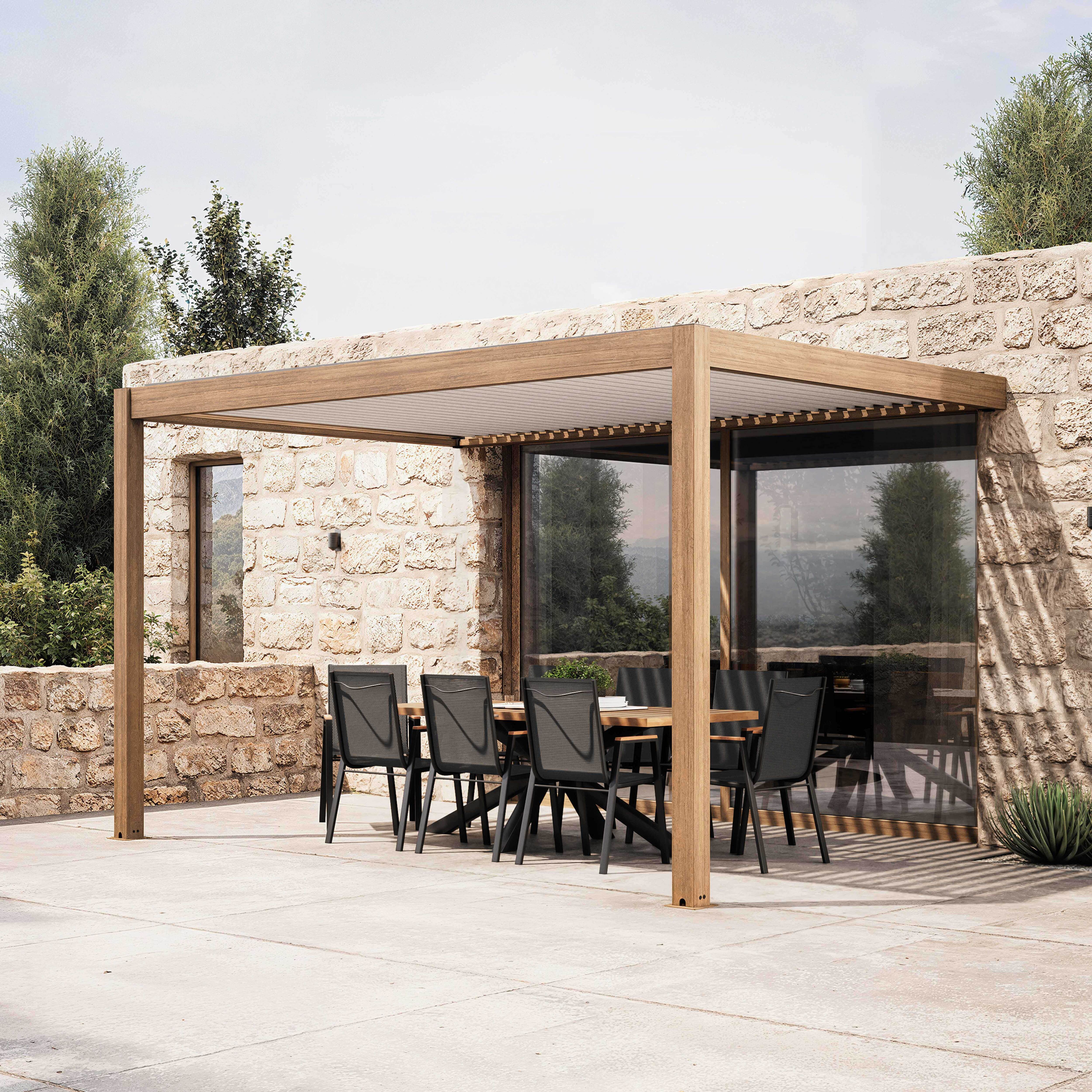 Pergola bioclimatica addossata 3x4m in legno bianco e alluminio ...