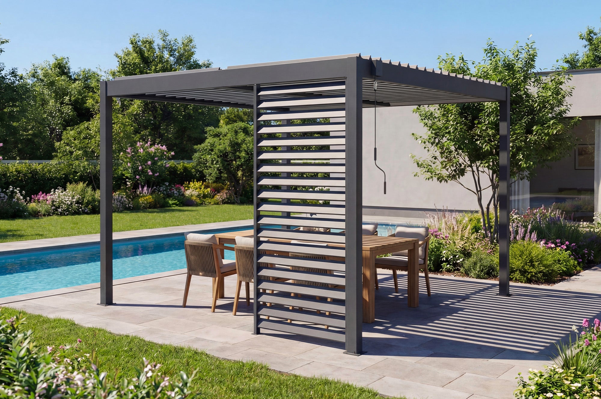 Pérgola bioclimática autoportante PIANA de 3x3 m en aluminio gris con 1 ...