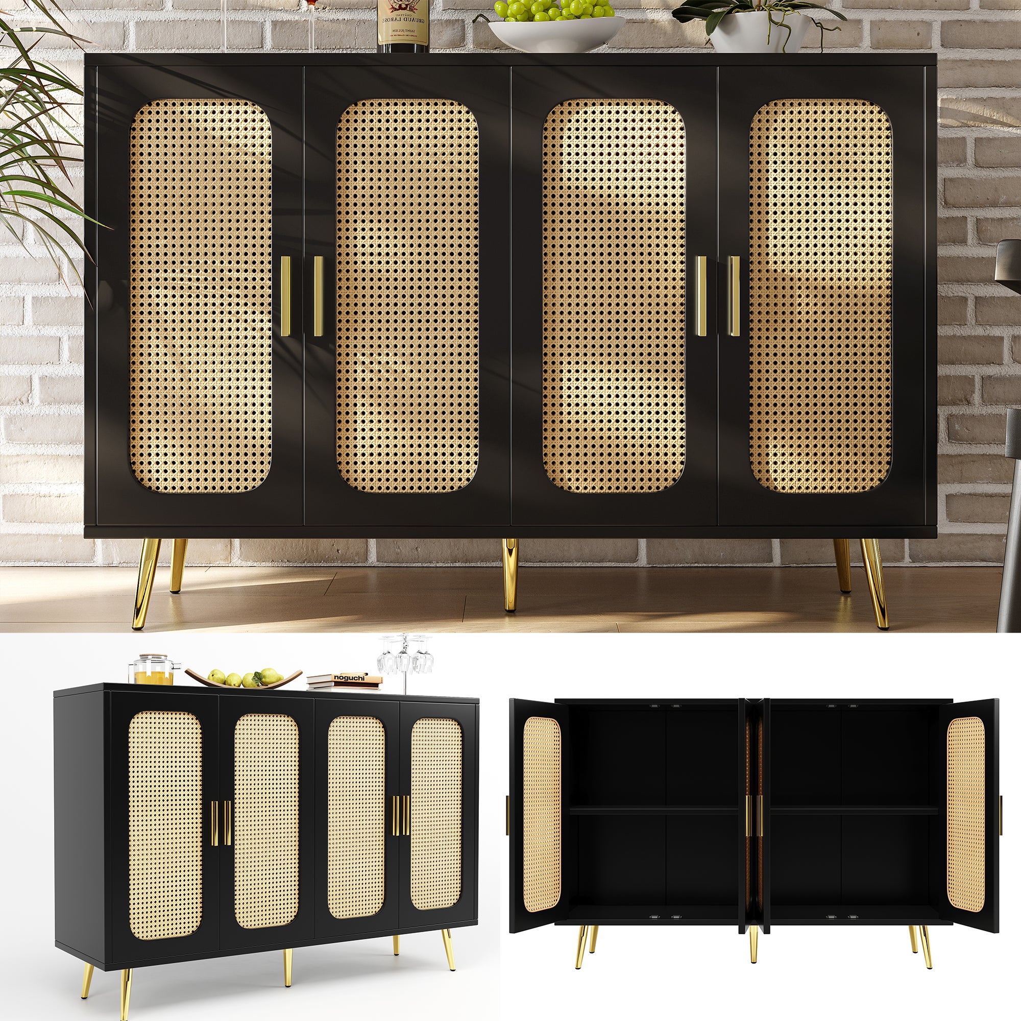 Buffet bas avec 4 portes en rotin - 120 x 30 x 89 cm - Bois MDF et ...