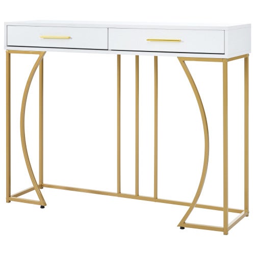 Table console, structure métallique, plateau MDF blanc/or, 120 x 38 x ...