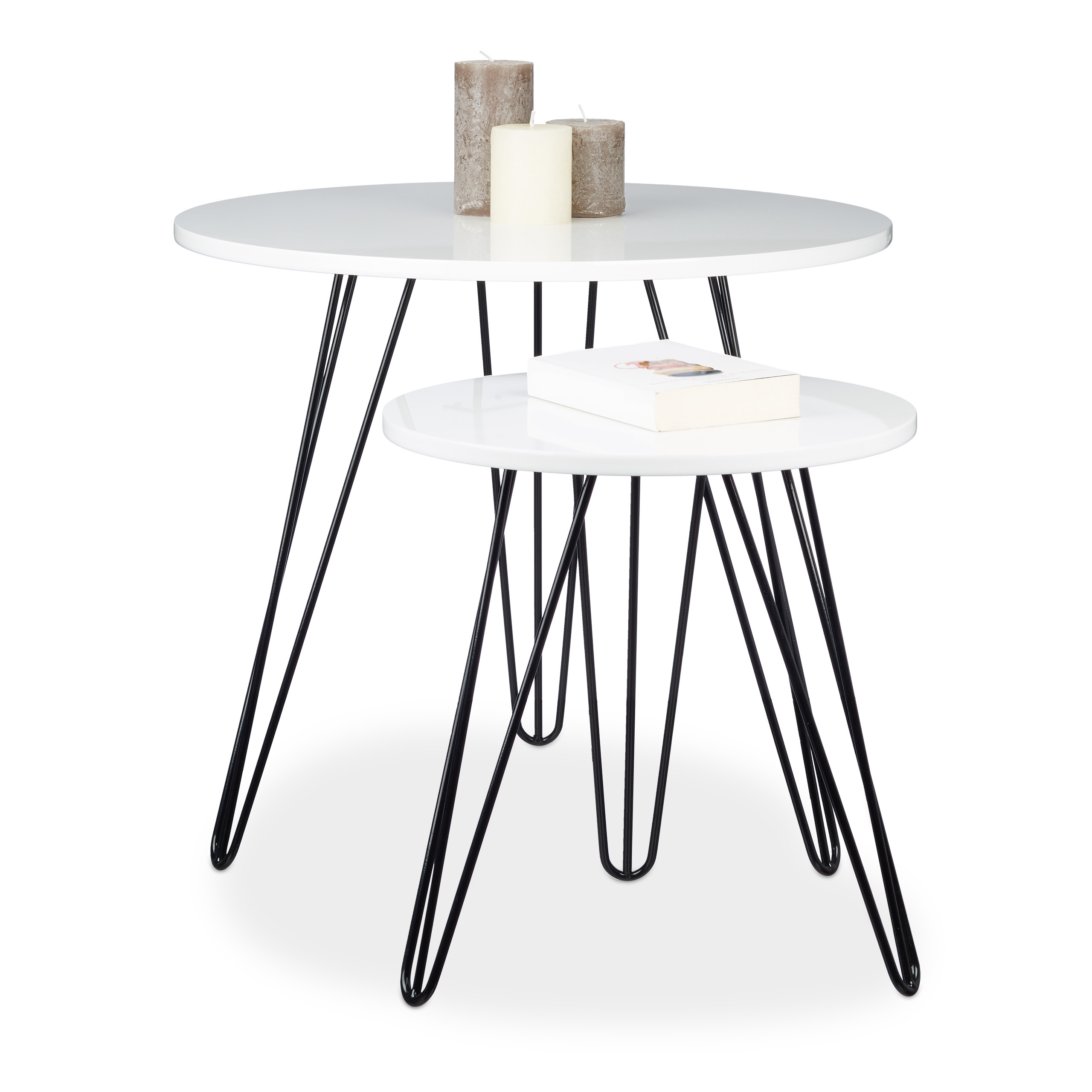 Relaxdays Table d'appoint blanche ronde lot de 2 bois et métal brillant laqué 3 pieds stable ...