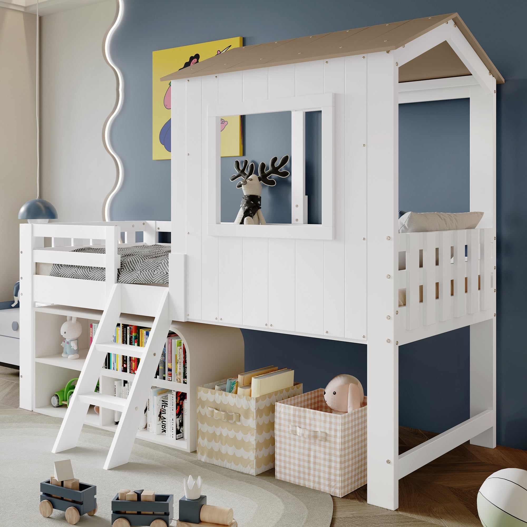 Cama infantil de 90 x 200 cm con techo, ventana y escalera - Pino + MDF ...
