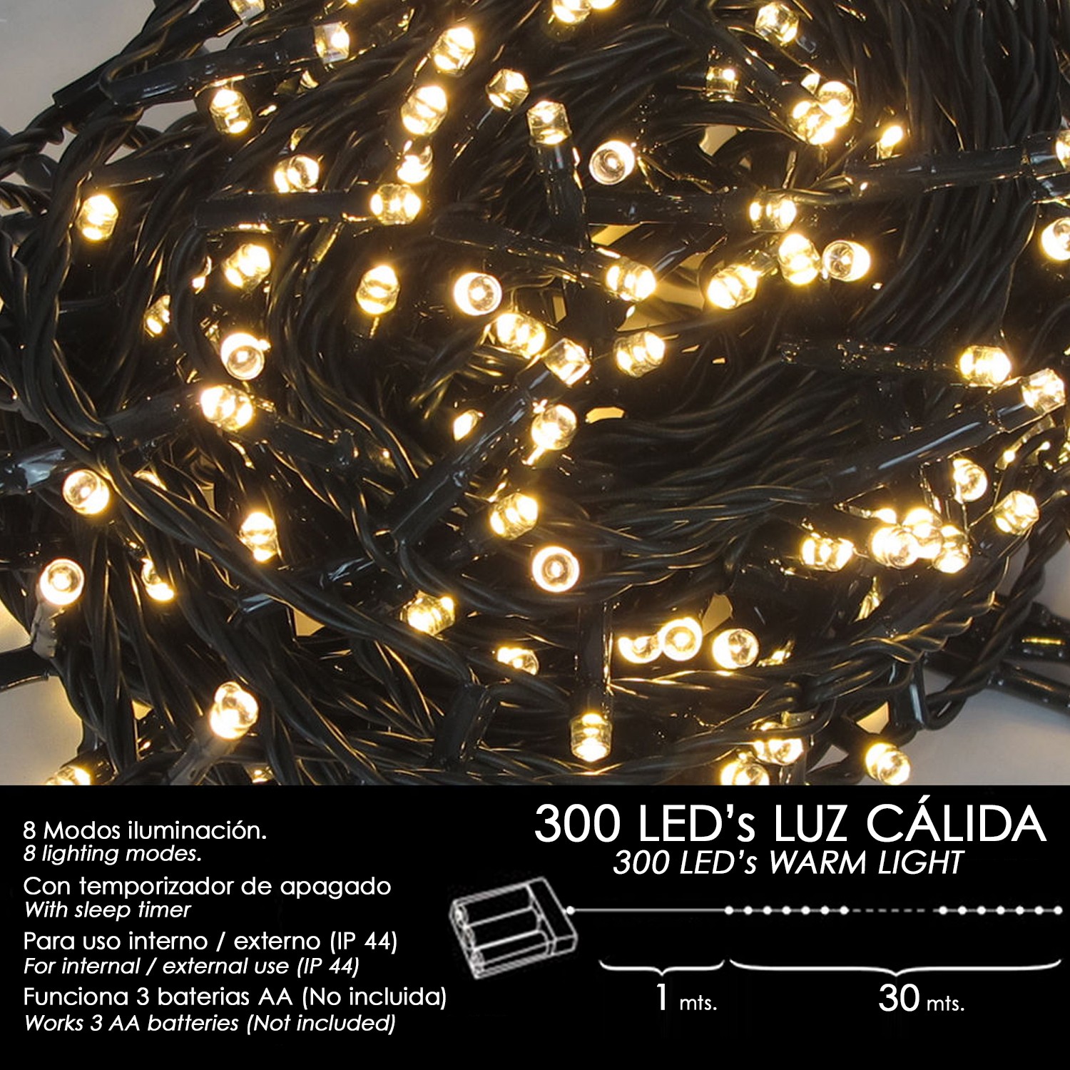 Luces navidad a pilas 300 leds luz calida interior / exterior (ip44 ...