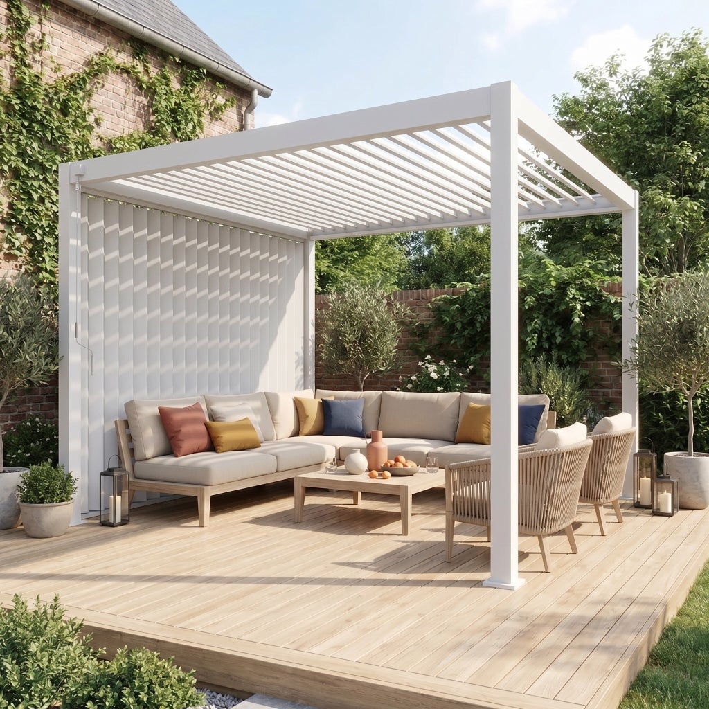 Pérgola bioclimática 3x4m de aluminio + 1 panel vertical de 3m Blanco ...