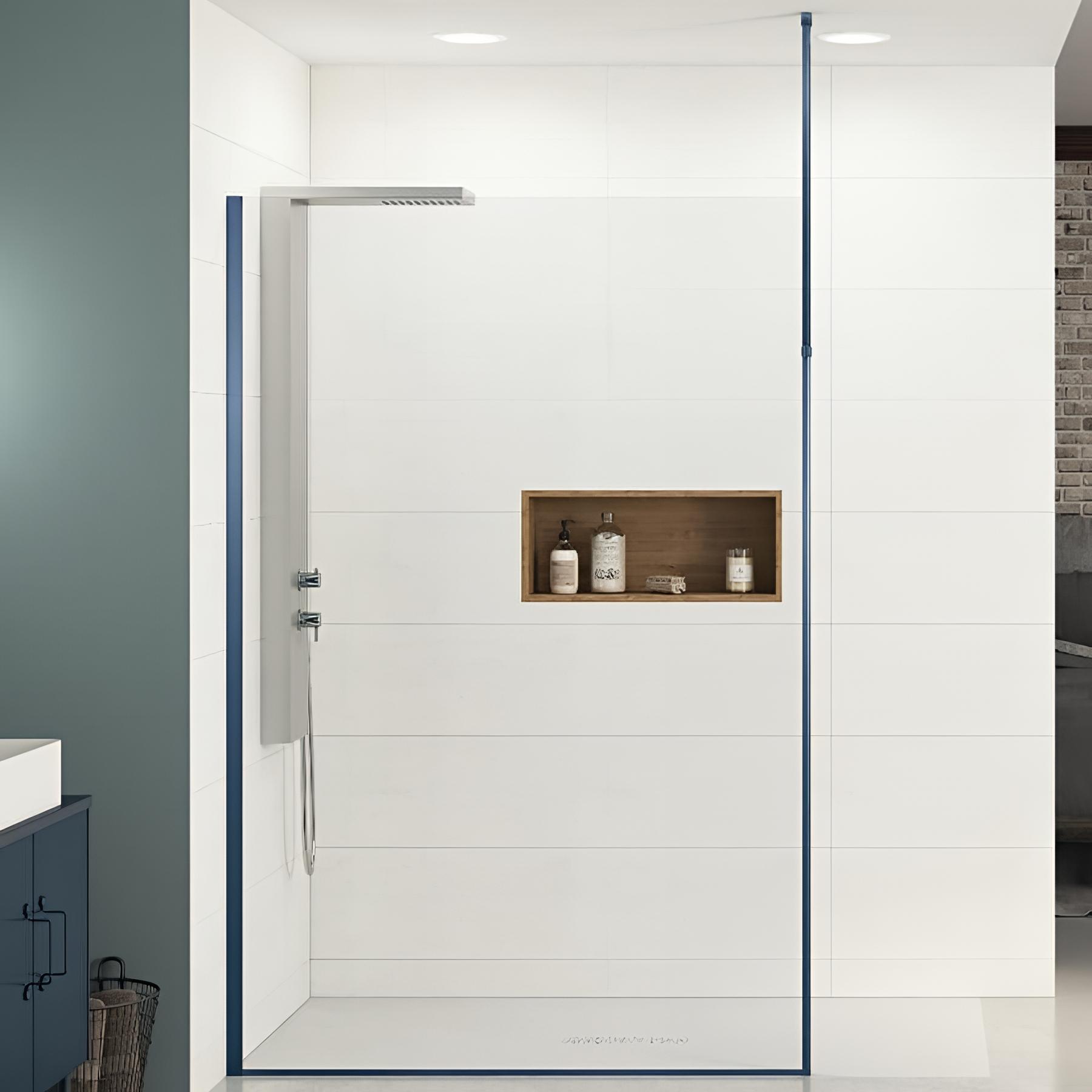 Paroi de douche fixe Kinedo EKINOX Solo L 80cm H 2,07 m bleu kobalt brossé mât sol/plafond ...