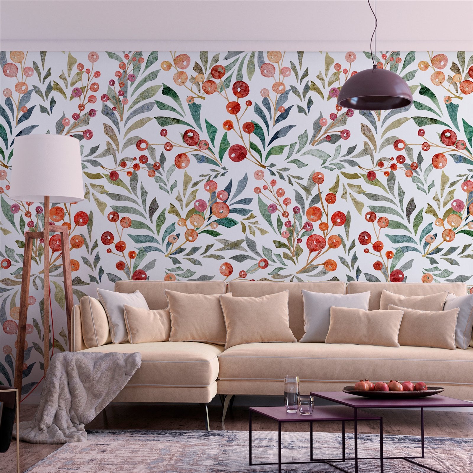 Papier peint Leaves of Red Berries - 250 x 175 cm | Leroy Merlin