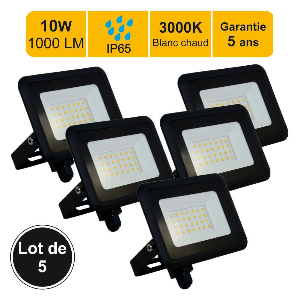 Lot de 5 projecteurs LED 10W 1000 LM 3000K IP65 connexion en direct ...