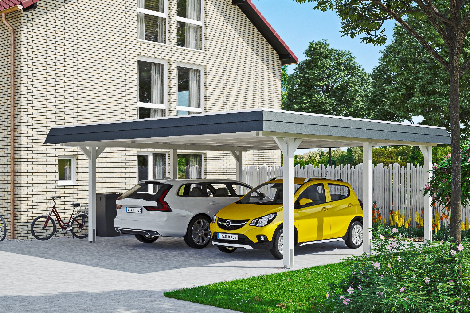 Carport bois SKAN HOLZ Wendland 630x637cm, toit en aluminium, bandeau noir, bois lamellé-collé ...