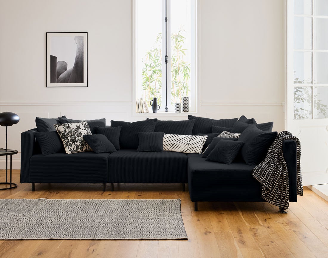 Canapé modulable 4 places angle réversible en velours côtelé noir ...