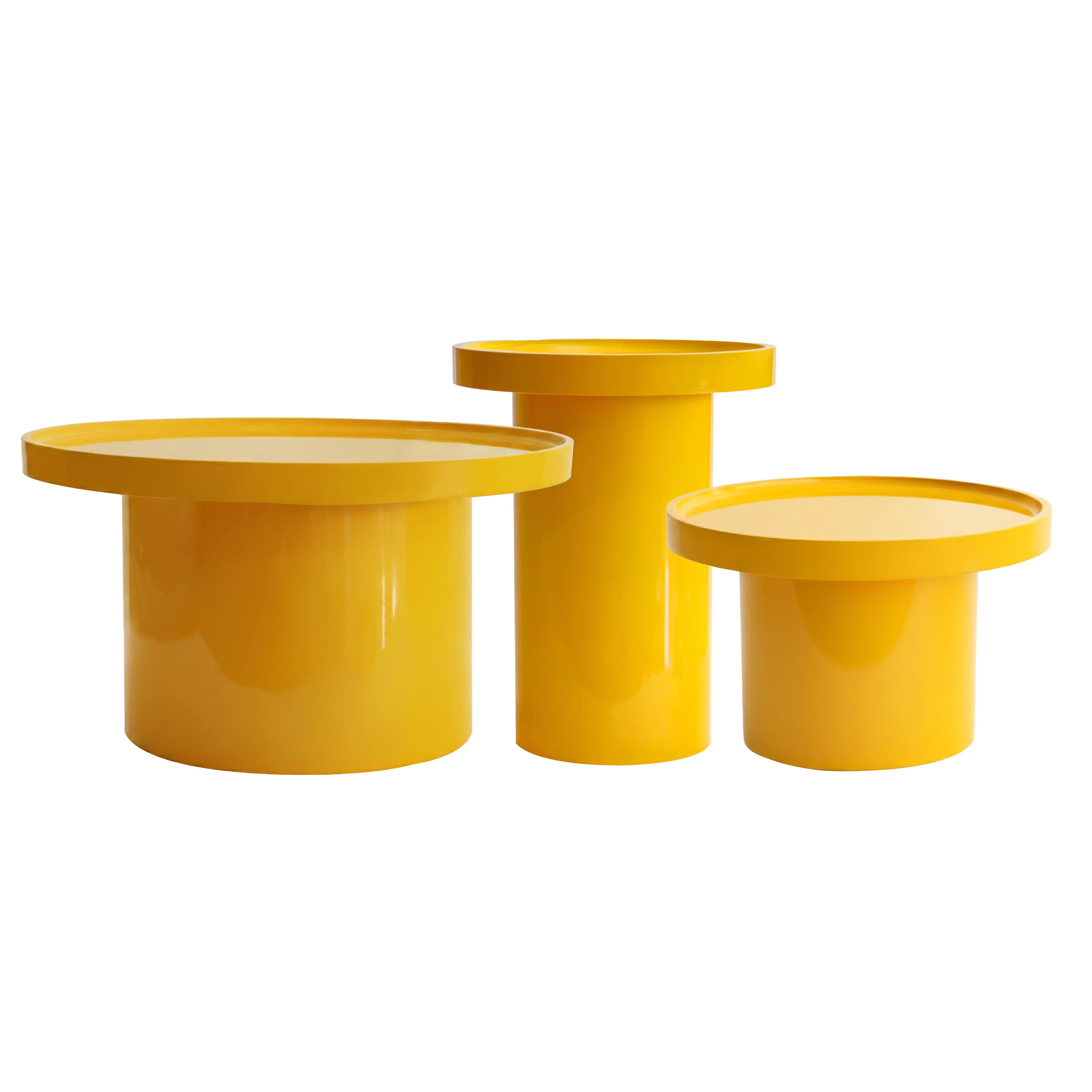 Lote de 3 mesas de centro redondas de MDF con efecto lacado amarillo ...