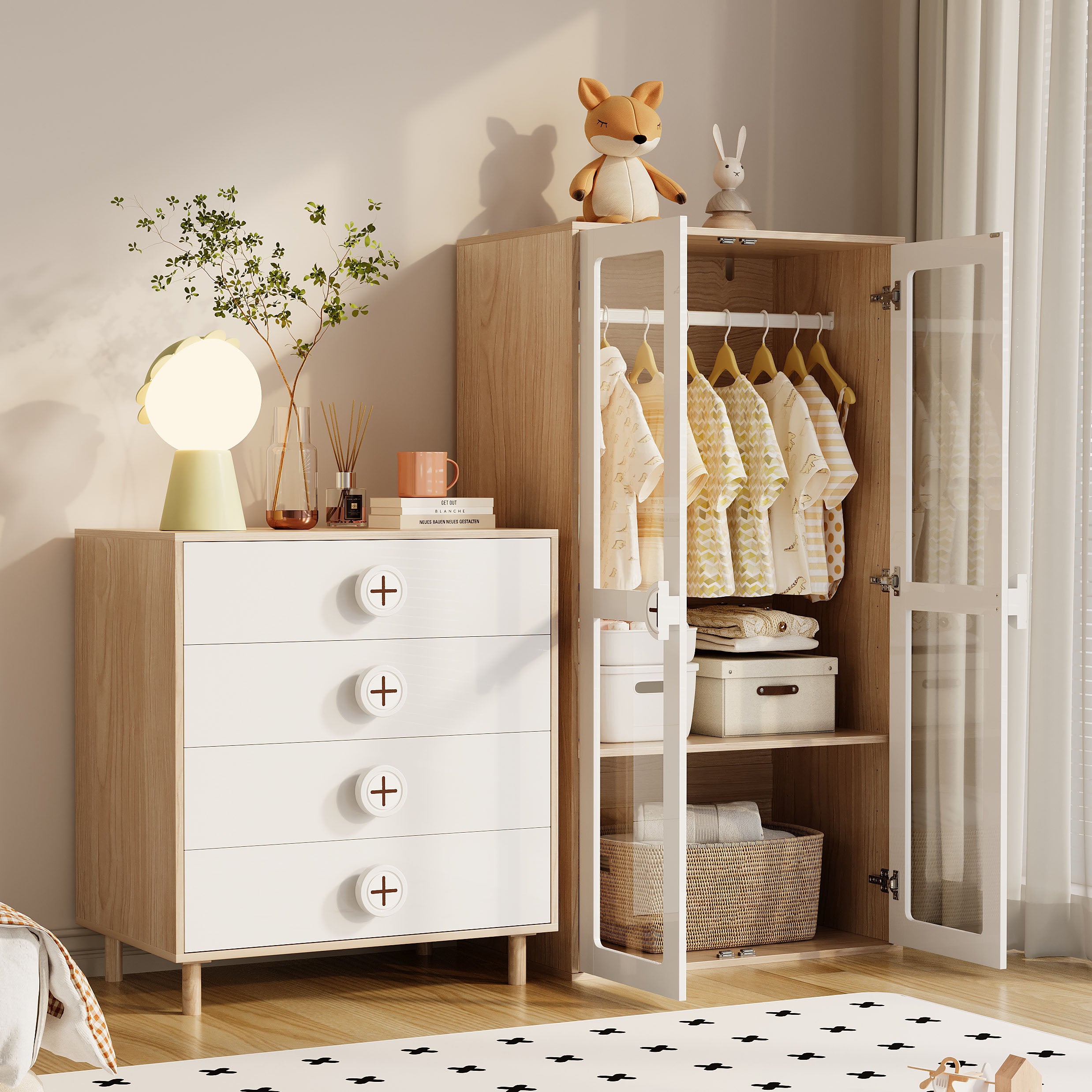 Ensemble armoire 2 pièces - armoire + table de chevet - 4 tiroirs et 2 ...