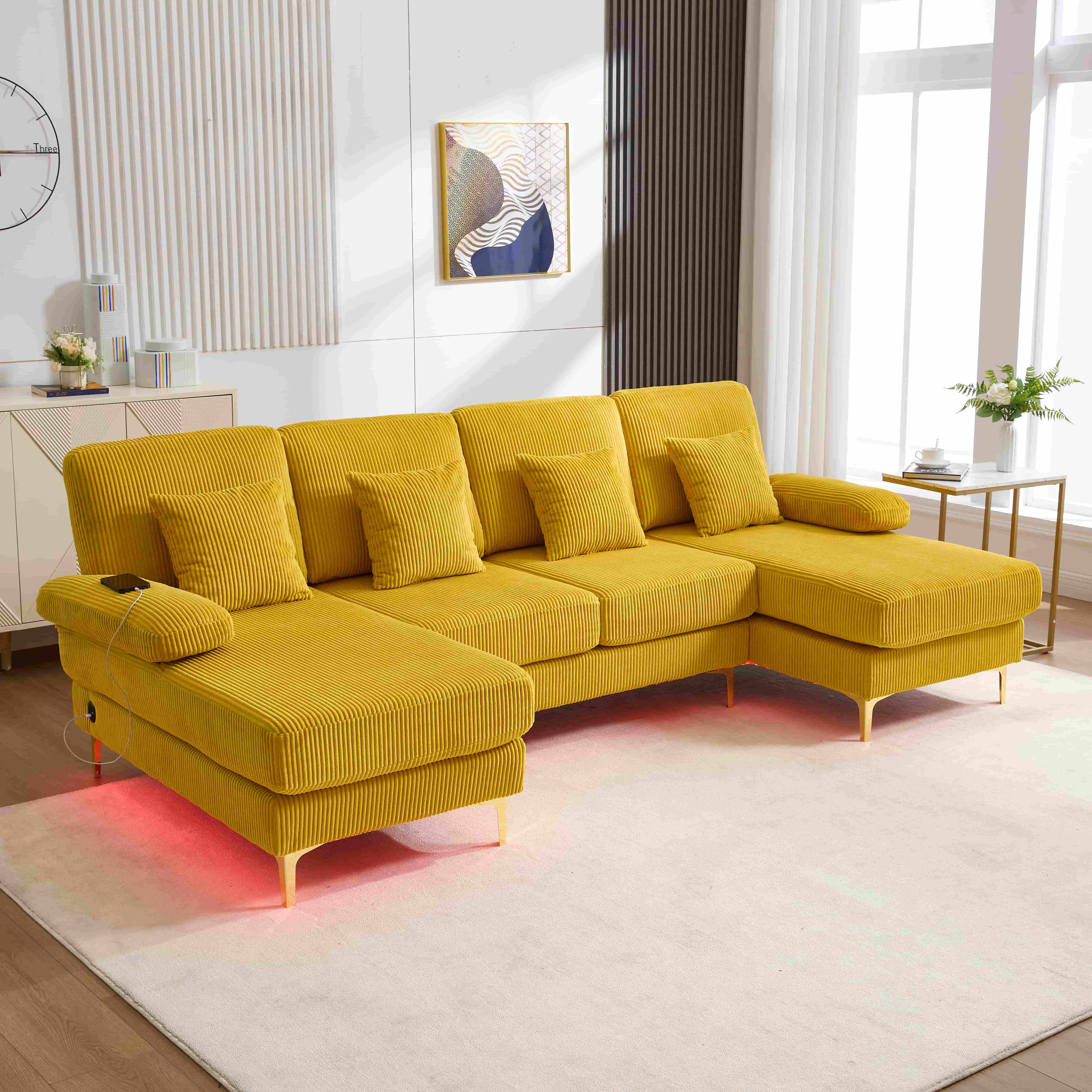 Sofá moderno en forma de U (amarillo): iluminación LED + puerto USB-C ...