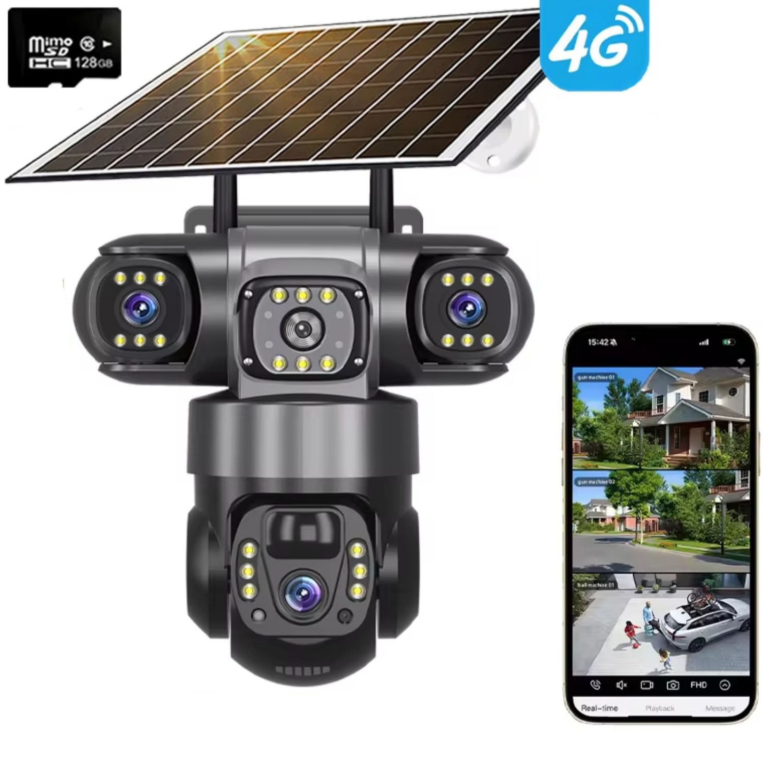 QWINERN Caméra solaire 4G à trois objectifs, caméra de surveillance ...