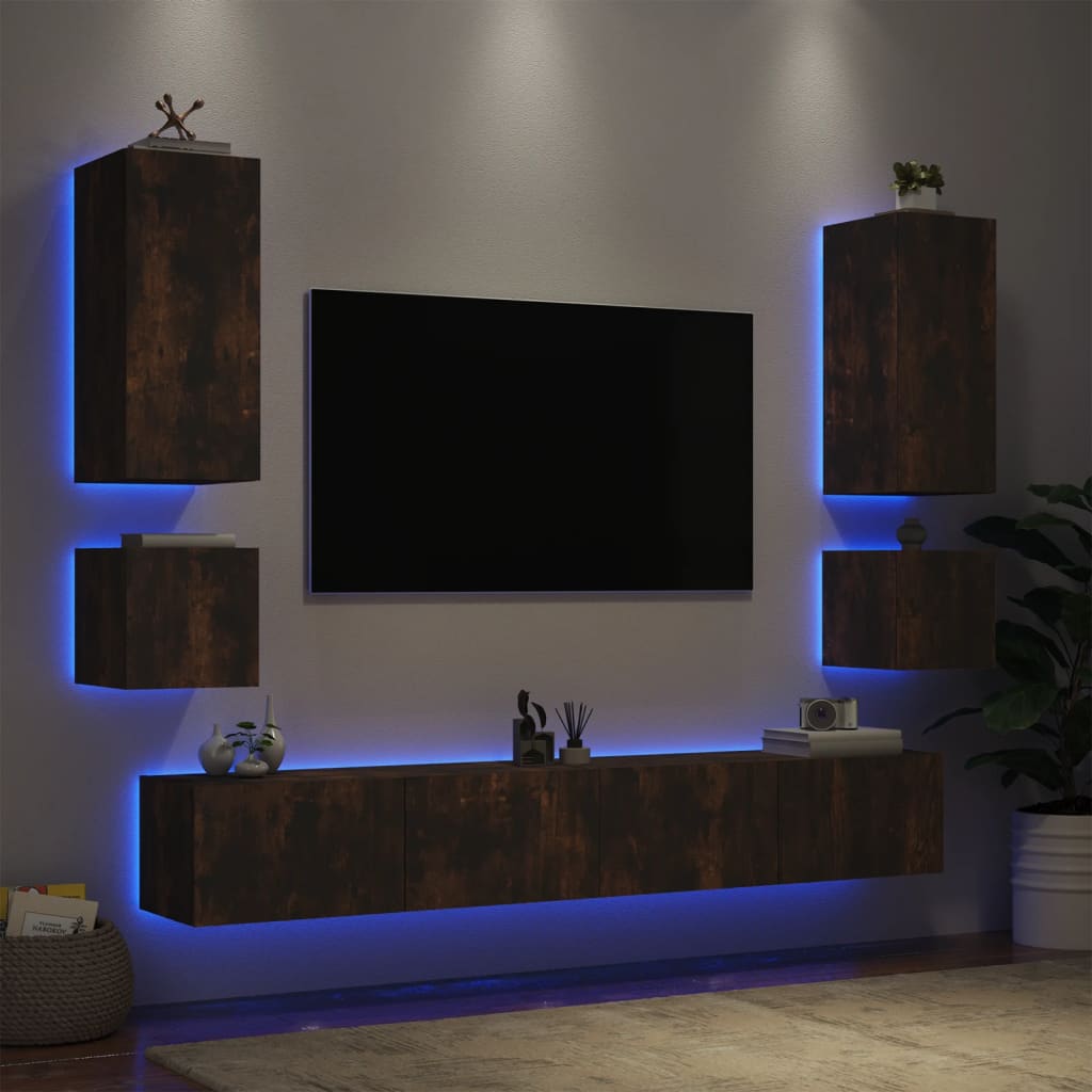 Muebles de TV de pared con luces LED 6 piezas roble ahumado | Leroy Merlin
