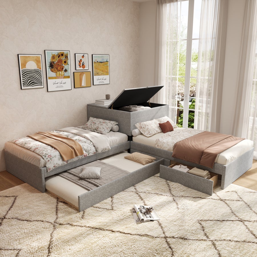 Lit d'angle extractible et espace de rangement, 2 lits simples - Lit ...