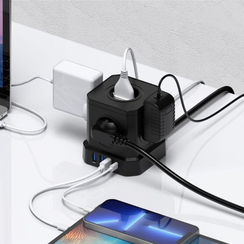 Bloc multiprises 3 Prises 2P+T et 2 USB (câble 1,5m) - Blanc ...