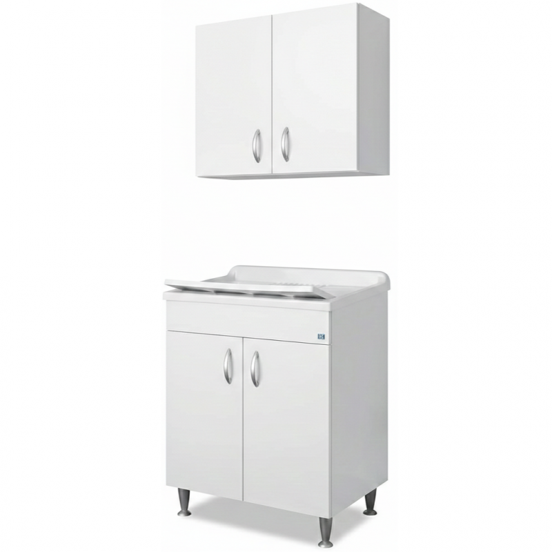 Aménagement buanderie avec évier 60x50 cm et meuble haut – Blanc – Bois ...