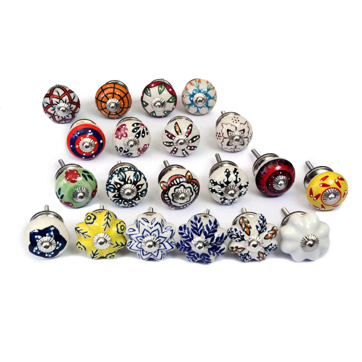 Set di 10 pomelli in ceramica bianca e blu dipinta a mano con diversi ...