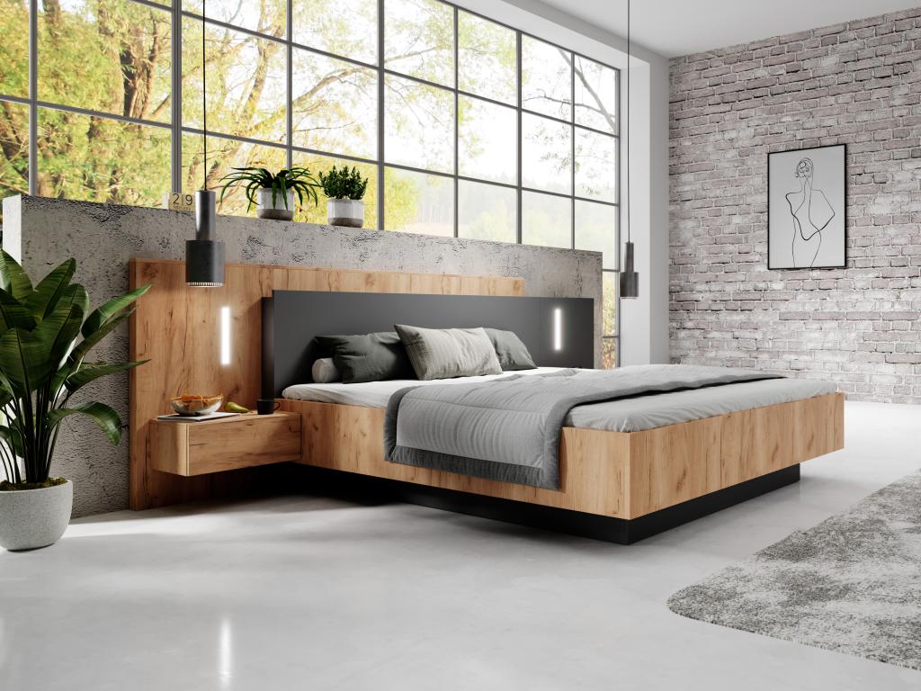 Lit avec chevets 140 x 190 cm - 2 tiroirs - Avec LEDs - Coloris ...