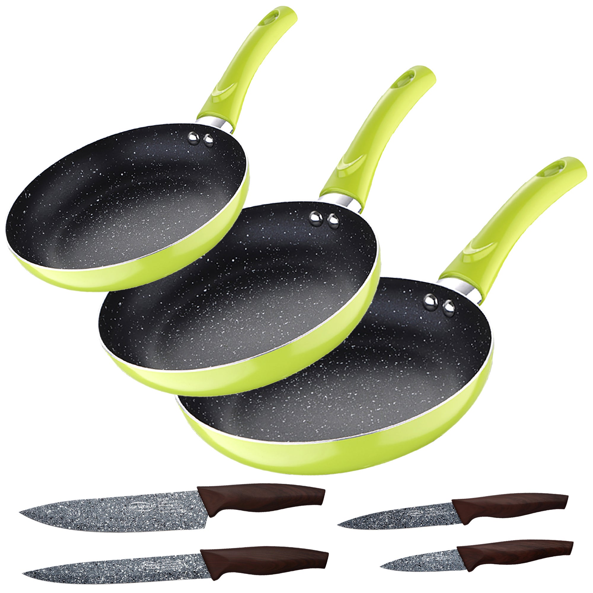 Set 3 padelle (20+24+28 cm) in alluminio pressato verde con set 4 ...
