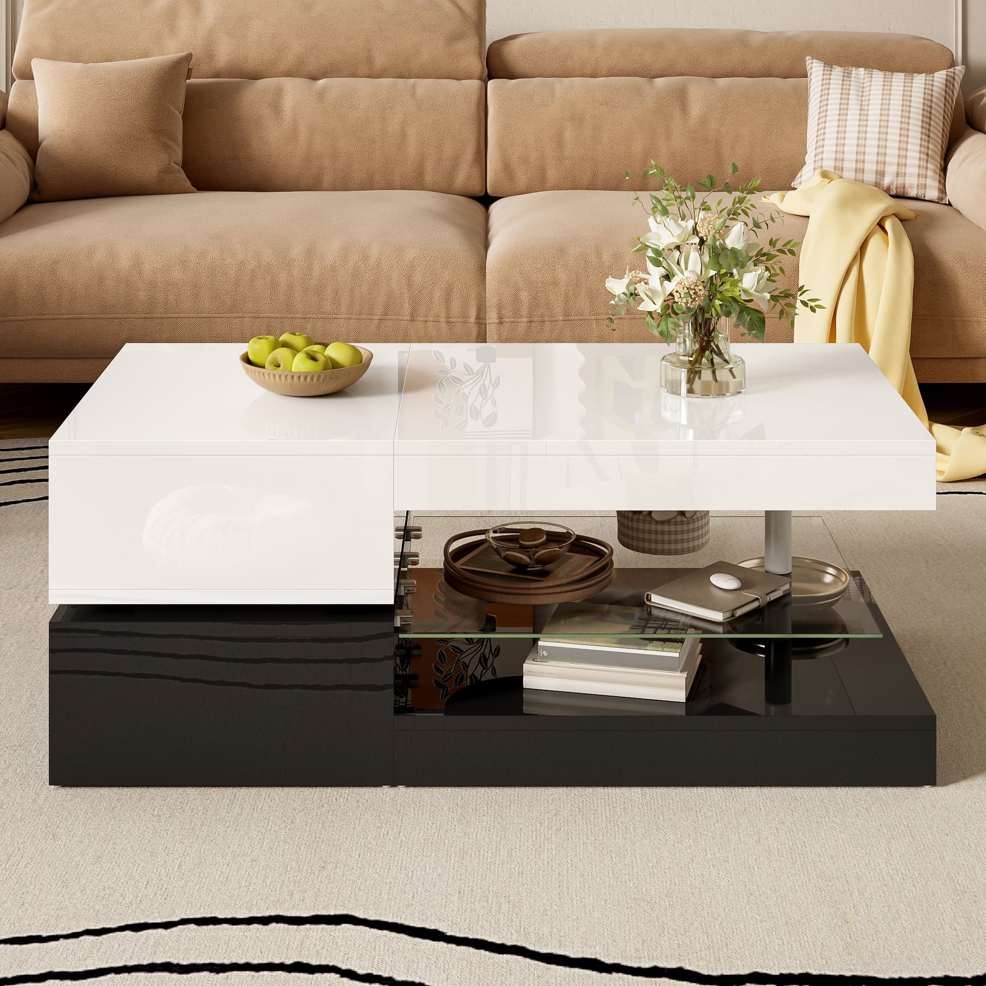 Table basse 90x45x35,5 cm - LED avec contrôle APP et Bluetooth, étagère ...