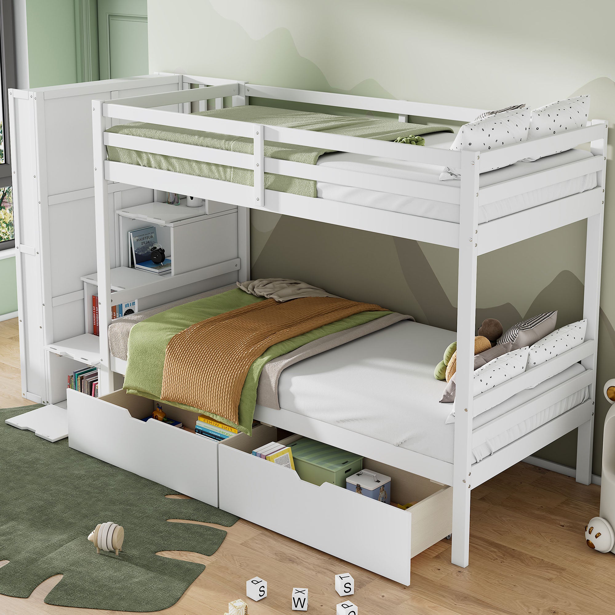 Lit superposé enfant blanc 90*200cm avec espace de rangement, escalier ...