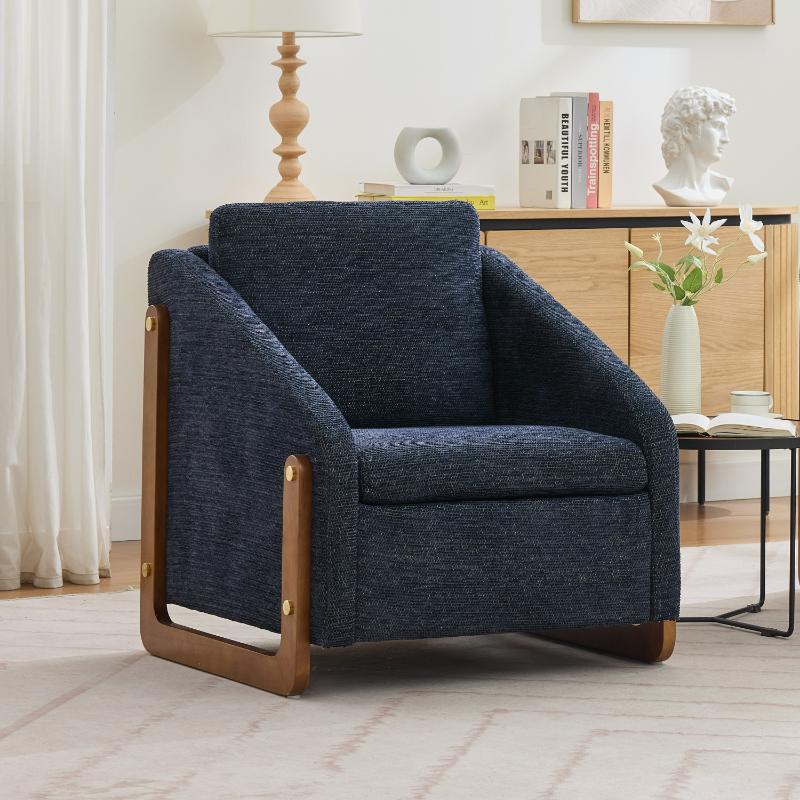 Fauteuil lounge en tissu chenille avec accoudoirs bois, design moderne, compact 73,5 cm ...