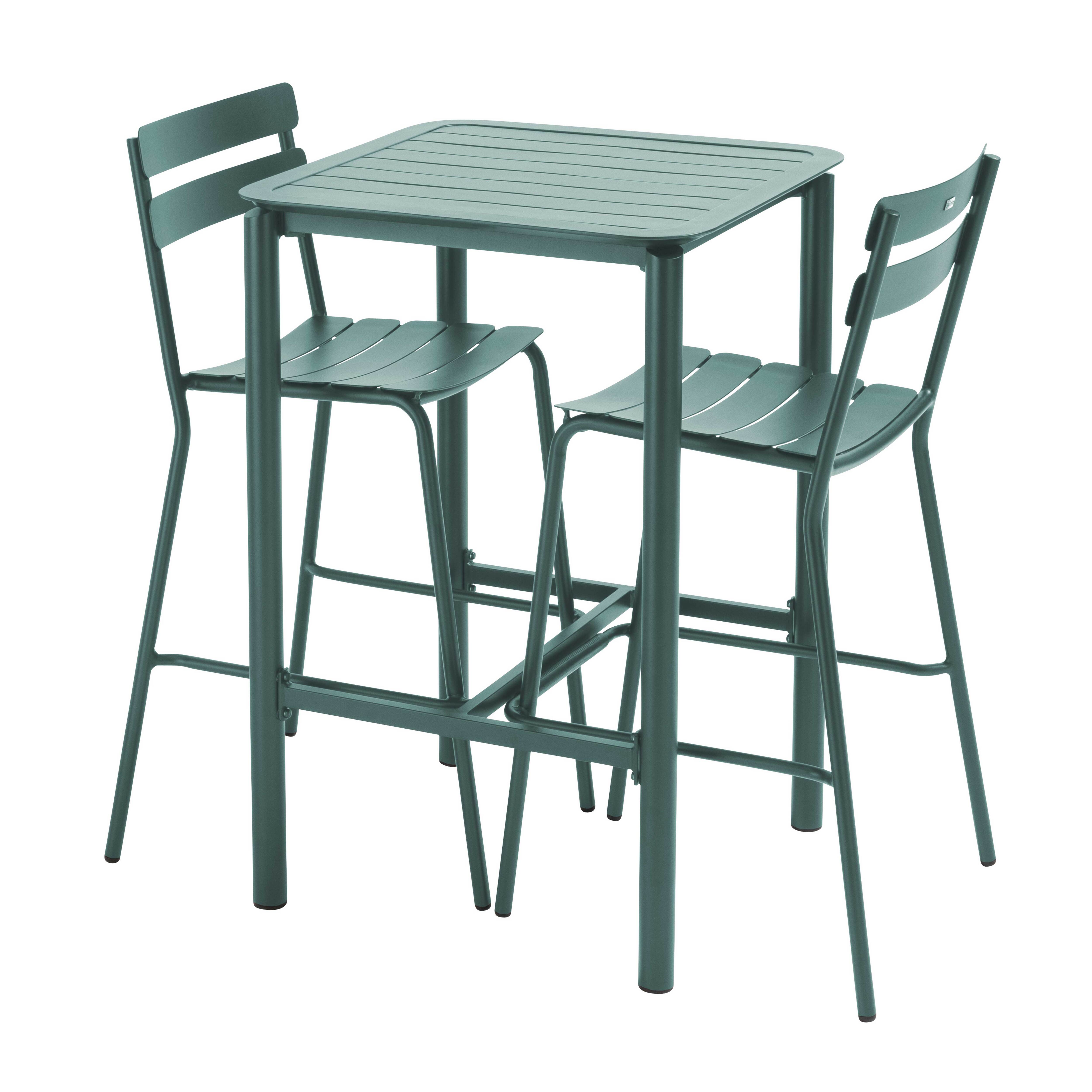 Table haute de terrasse avec 2 chaises en aluminium vert foncé | Leroy ...