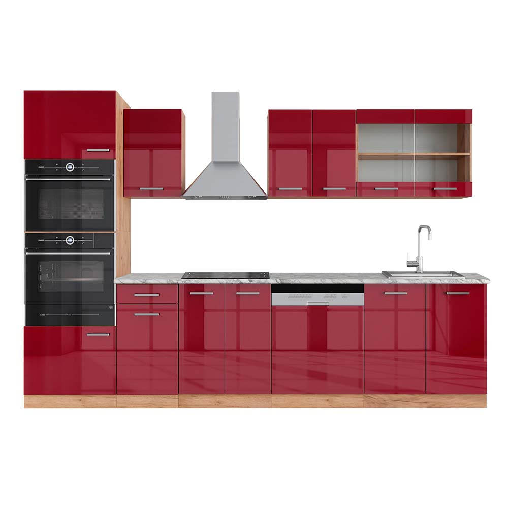 Vicco Mueble de cocina R-Line, Rojo brillo intenso/roble dorado, 300 cm ...