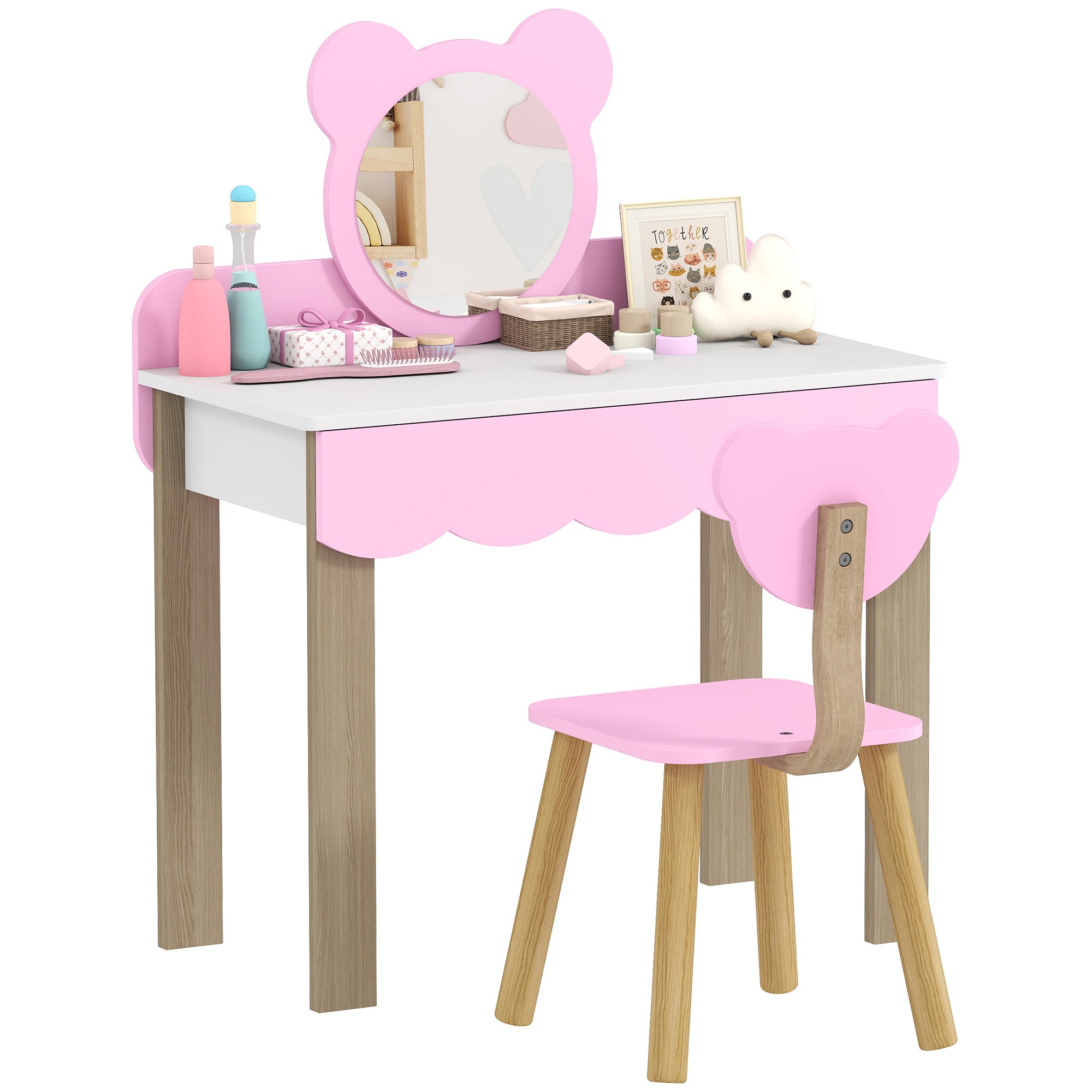 Children's dressing table set with stool, makeup mirror, bear shape ...