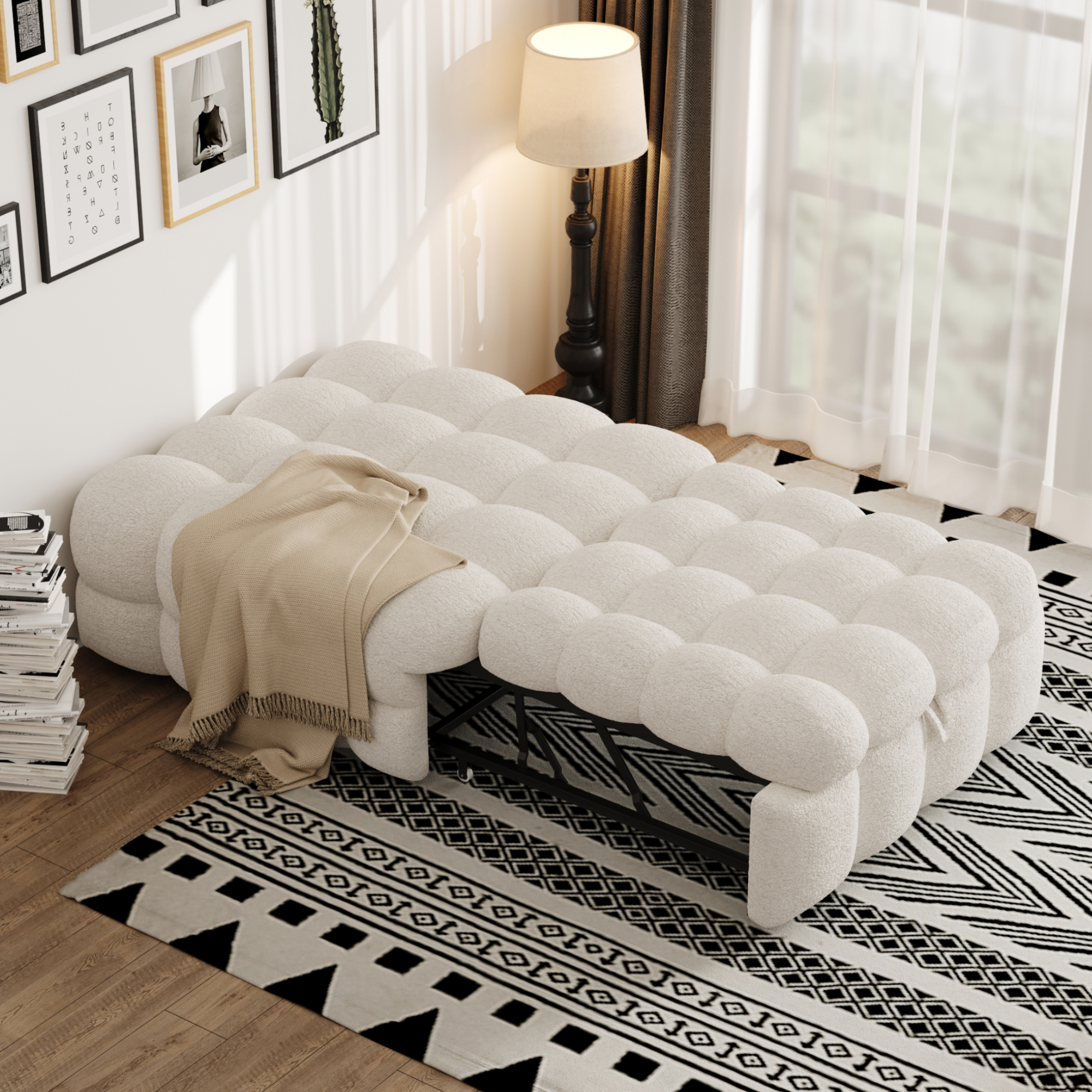 Canapé-lit 2-en-1 en tissu teddy beige – Pouf convertible en lit d ...