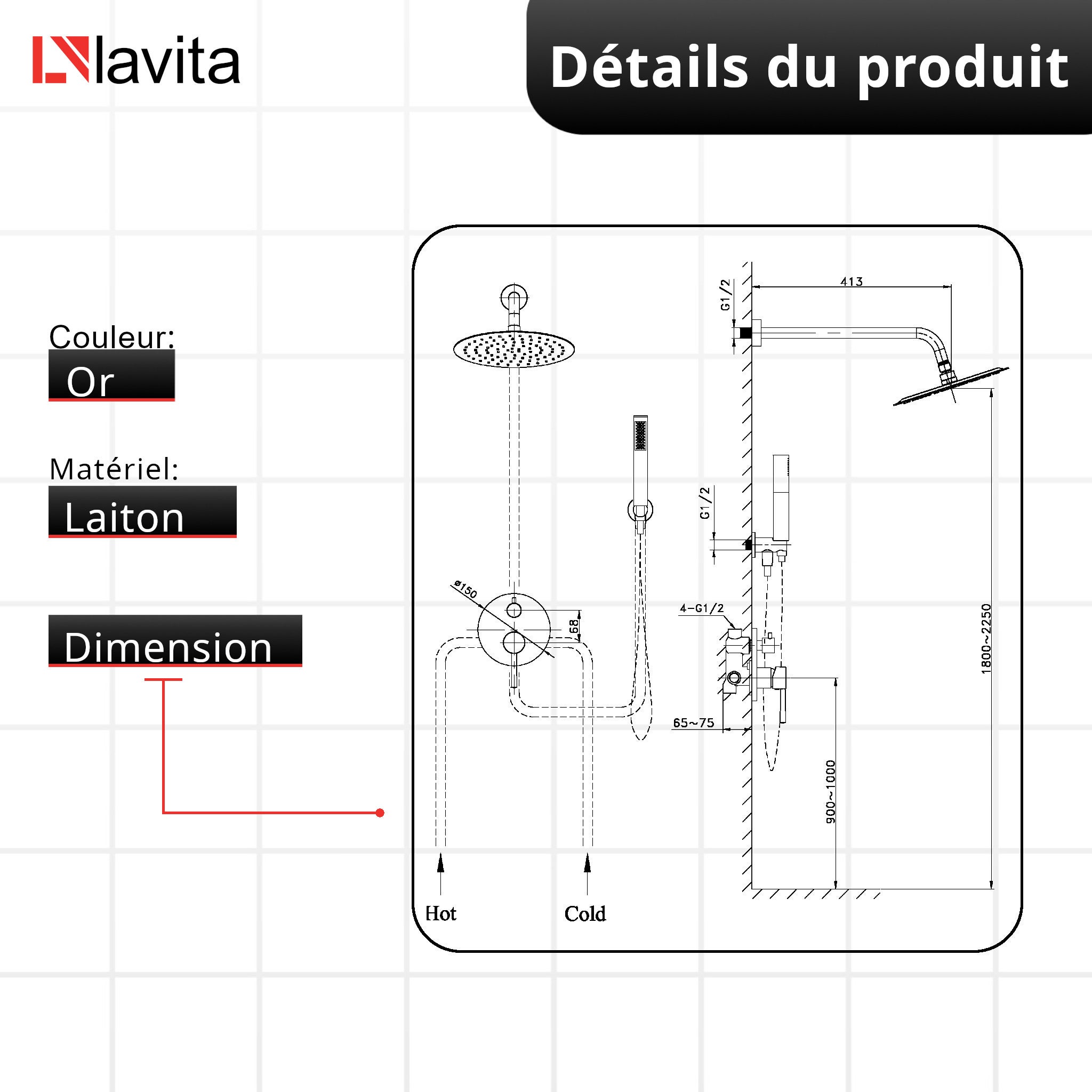Lavita ORION BRUSHED GOLD Ensemble de douche à encastrer avec douche à ...