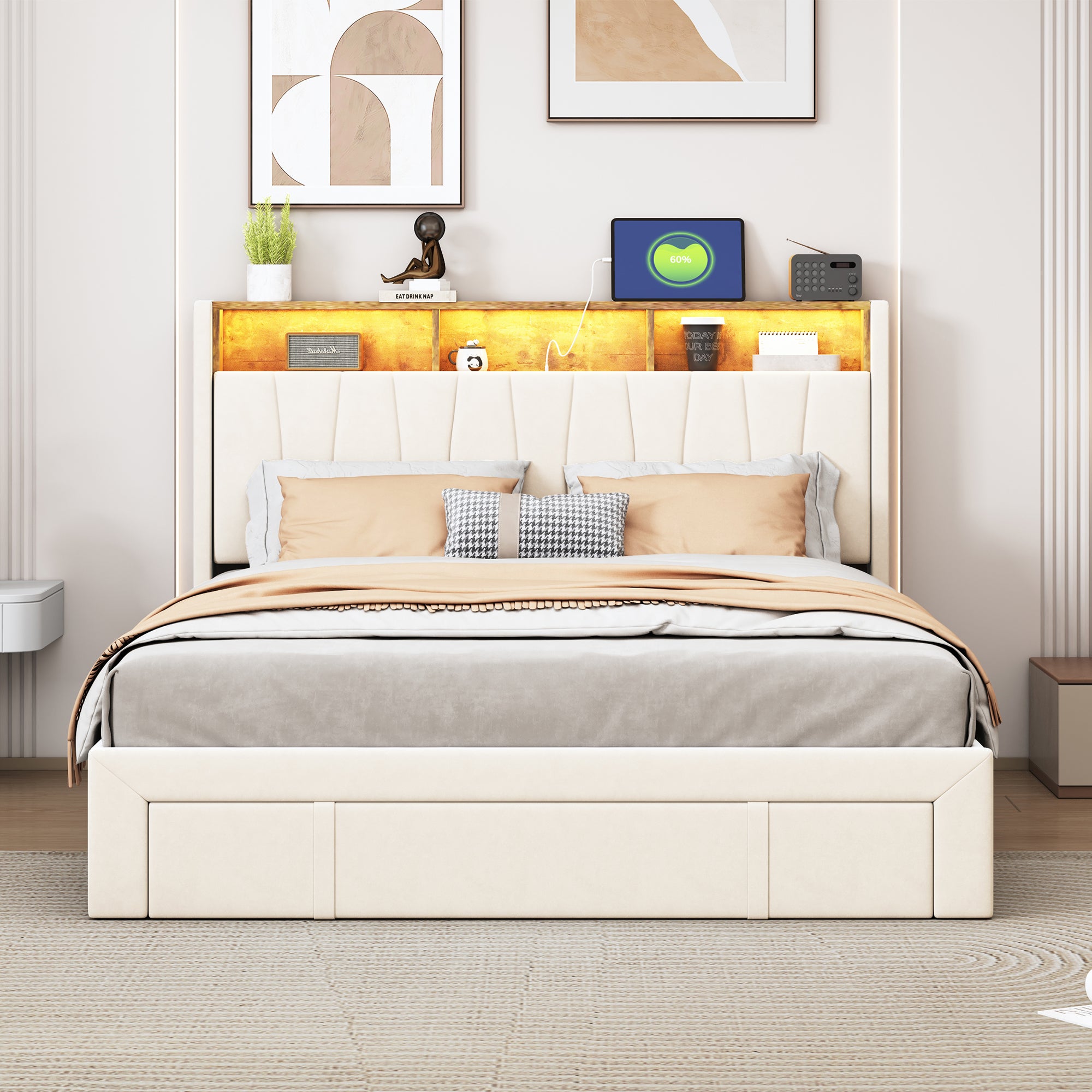 Lit 160x200 Sommier LED et USB, Type-C,Lit Capitonné Lit Double avec 4 ...