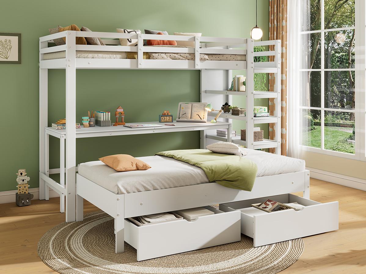 Lit superposé en bois - 90x200cm & 90x190cm - avec table modulable、2 ...