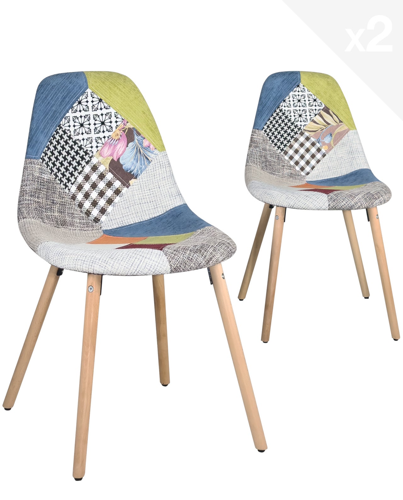 Lot 2 chaises scandinaves patchwork multicolore tissu rembourré salon salle à manger, pieds bois ...